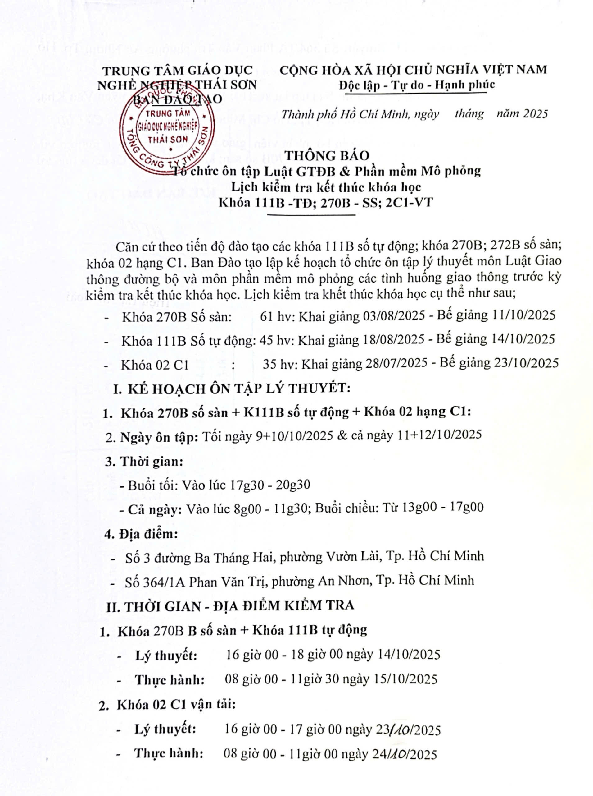 Thông báo lịch kiểm tra kết thúc khóa học (111B-STĐ, 270B-SS, 02C1 ...