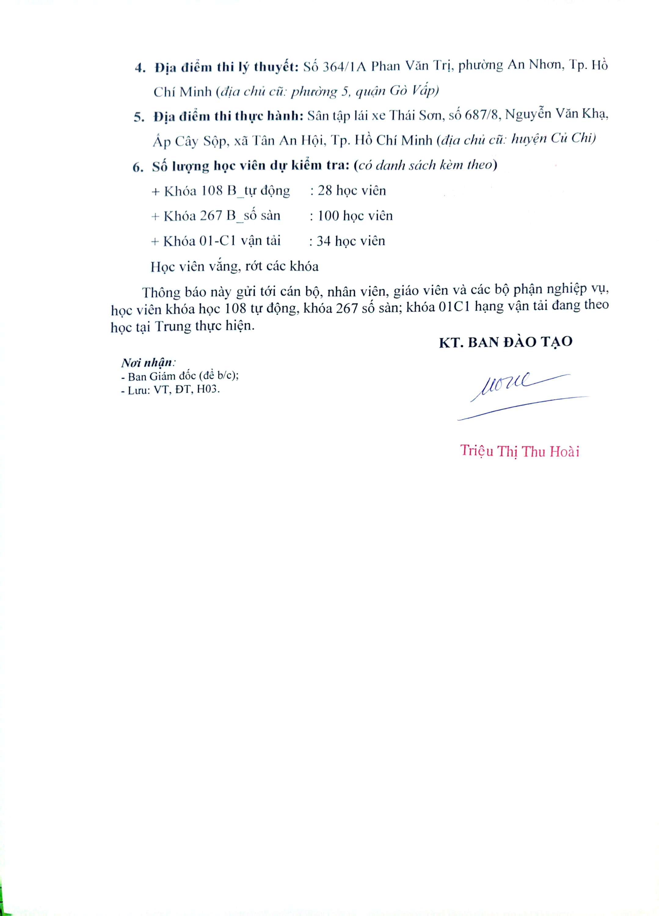 Thông báo lịch kiểm tra kết thúc khóa học (Khóa 108B STĐ, 267B SS, 01C1 ...